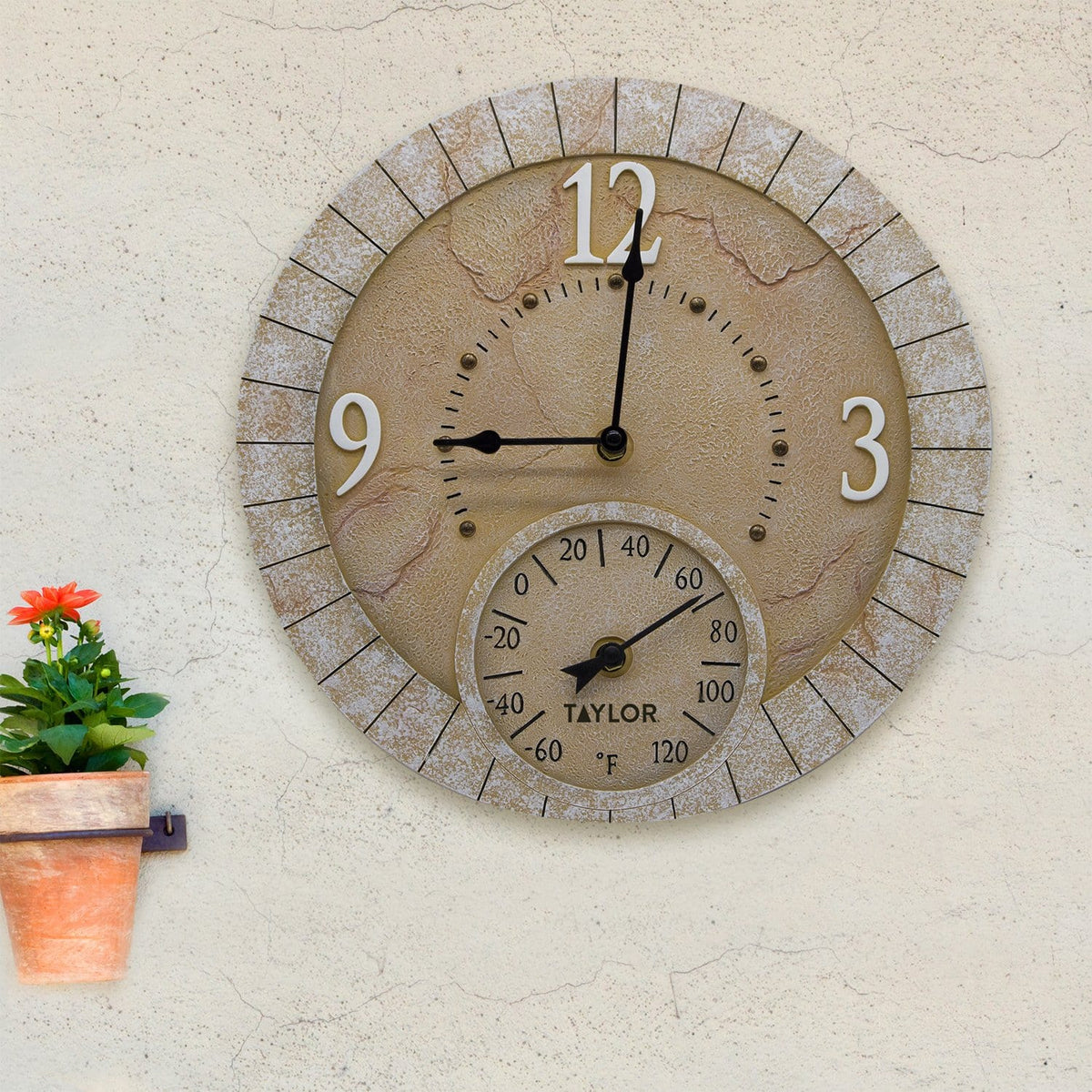 14" Terra Cotta Stone Clock with Thermometer